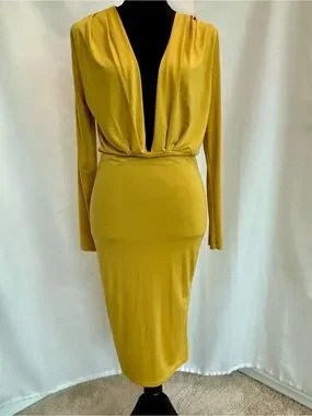 Le Fash | Dresses | Mustard Yellow Deep Plunge Vneck Long Sleeve Midi ...